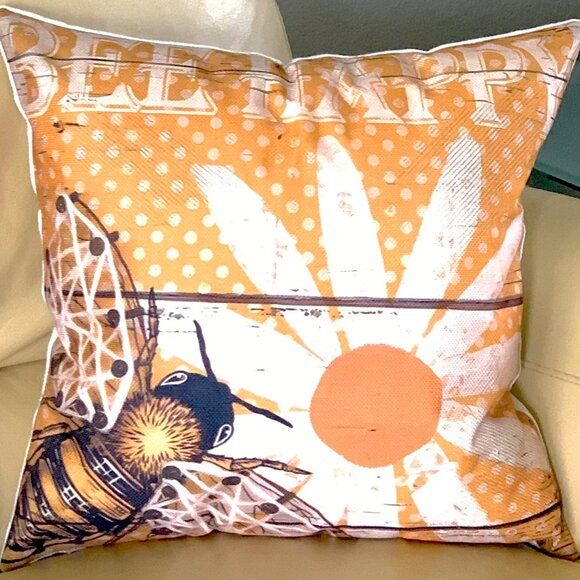 Accents | 18 Sq Rustic Farmhouse Bumblebee Bee Happy Sunflower Linen Throw Pillow Cover | Poshmark